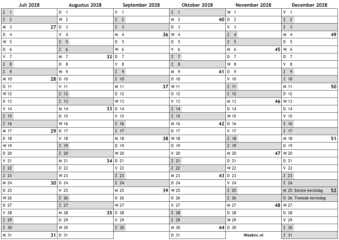Kalender 2028, 2e helft
